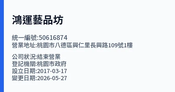 鴻運藝品坊的照片-統編 50616874(桃園市) 公司登記資料與營業項目詳細圖表