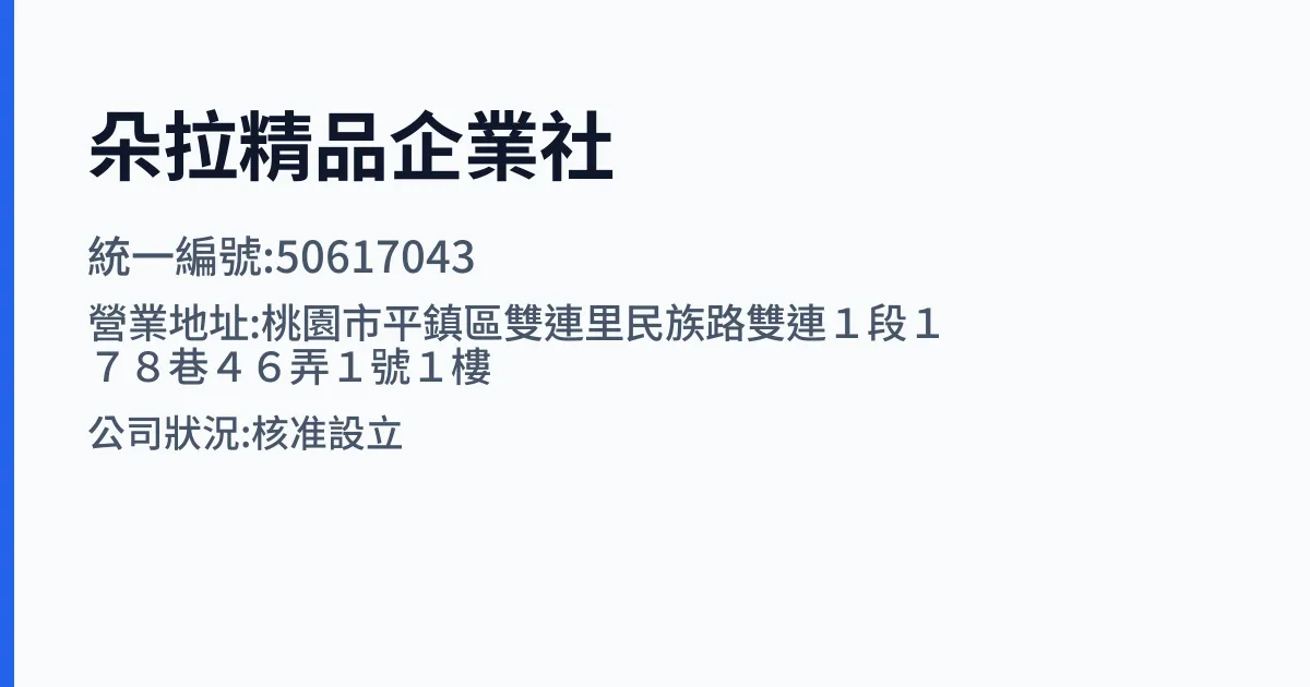 朵拉精品企業社 - 統編 50617043(桃園市) 公司登記資料與營業項目詳細圖表