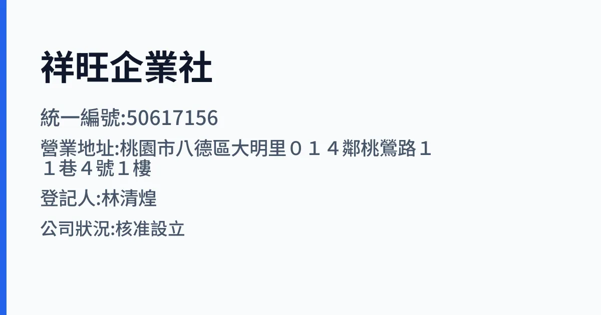 祥旺企業社 - 統編 50617156(桃園市) 公司登記資料與營業項目詳細圖表
