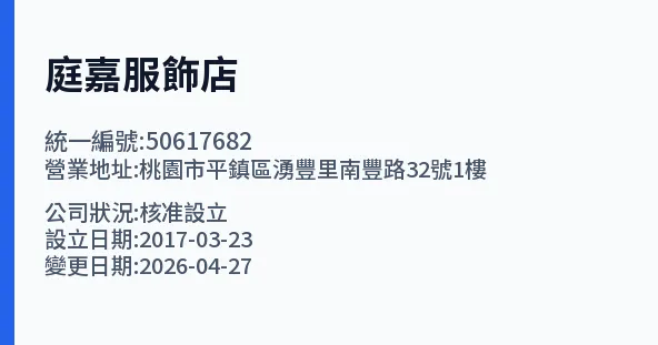 庭嘉服飾店的照片-統編 50617682(桃園市) 公司登記資料與營業項目詳細圖表