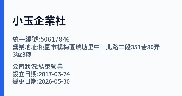 小玉企業社的照片-統編 50617846(桃園市) 公司登記資料與營業項目詳細圖表