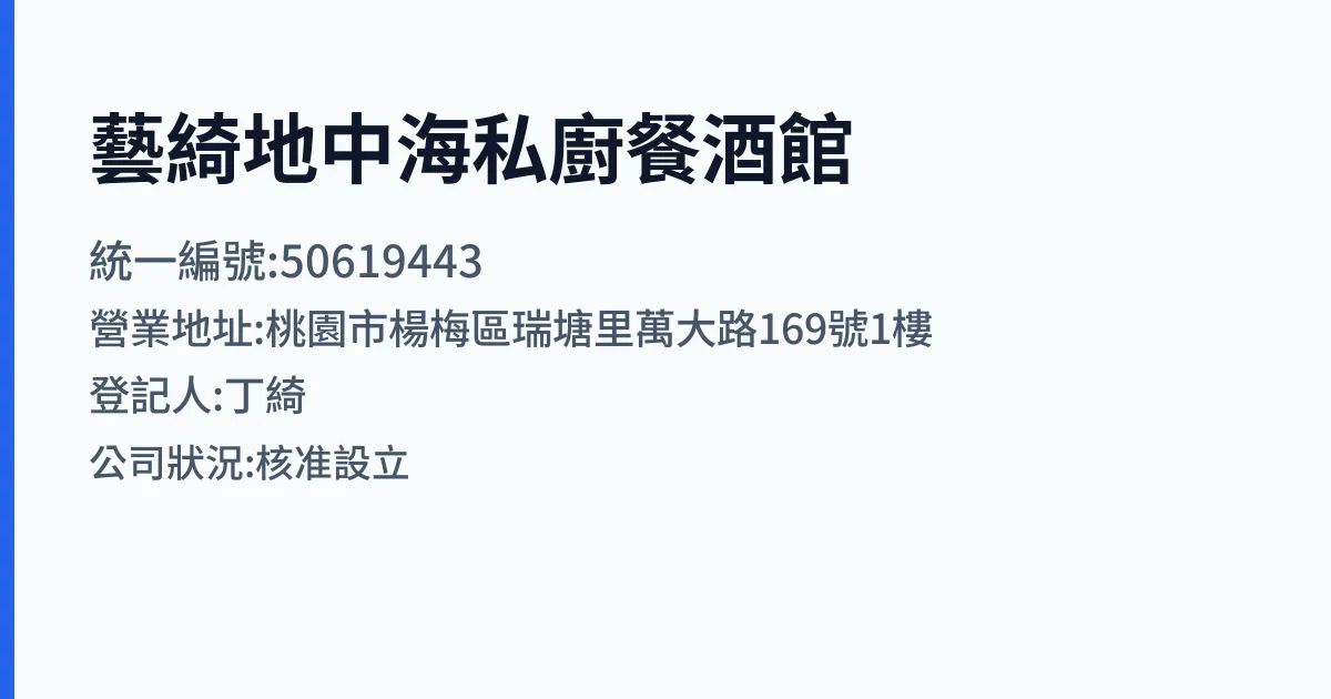 藝綺地中海私廚餐酒館 - 統編 50619443(桃園市) 公司登記資料與營業項目詳細圖表