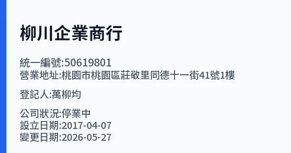柳川企業商行的照片-統編 50619801(桃園市) 公司登記資料與營業項目詳細圖表