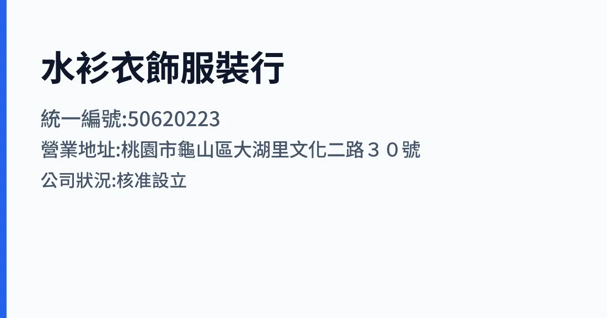 水衫衣飾服裝行 - 統編 50620223(桃園市) 公司登記資料與營業項目詳細圖表