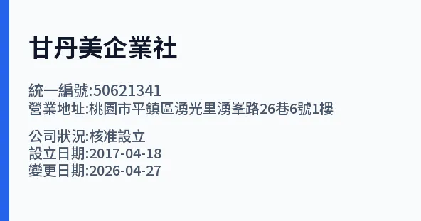 甘丹美企業社的照片-統編 50621341(桃園市) 公司登記資料與營業項目詳細圖表