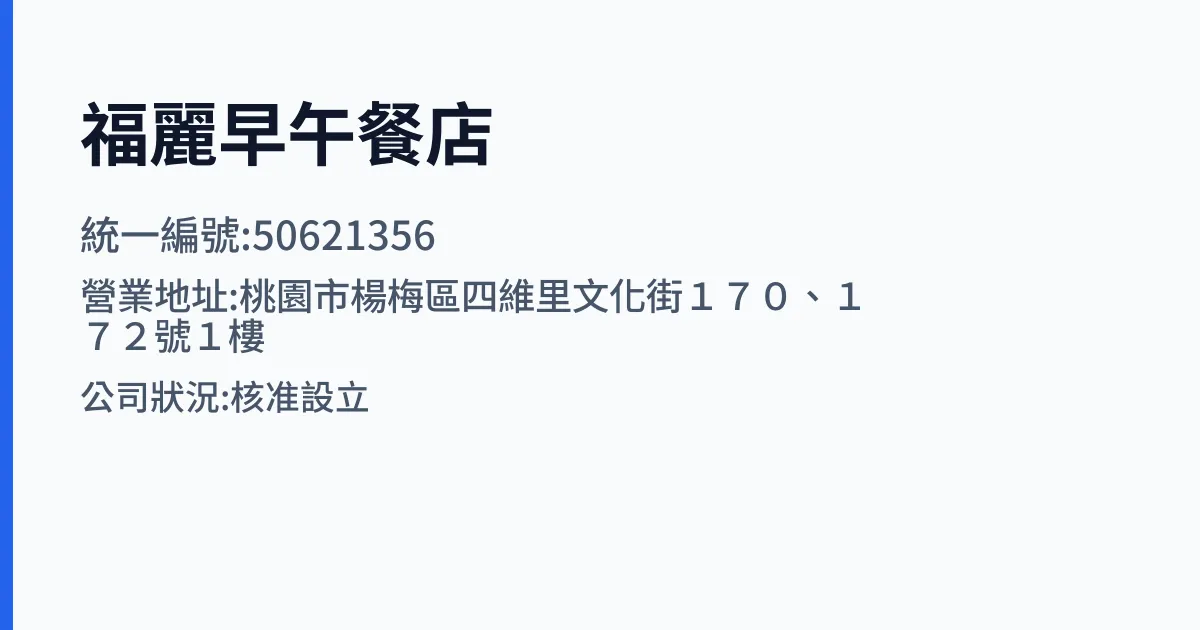 福麗早午餐店 - 統編 50621356(桃園市) 公司登記資料與營業項目詳細圖表