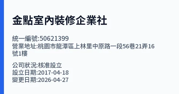 金點室內裝修企業社的照片-統編 50621399(桃園市) 公司登記資料與營業項目詳細圖表