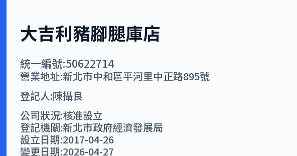 大吉利豬腳腿庫店的照片-統編 50622714(新北市) 公司登記資料與營業項目詳細圖表