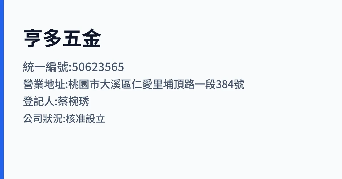 亨多五金 - 統編 50623565(桃園市) 公司登記資料與營業項目詳細圖表