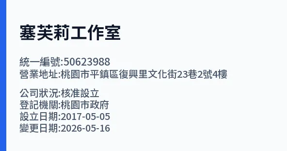 塞芙莉工作室的照片-統編 50623988(桃園市) 公司登記資料與營業項目詳細圖表