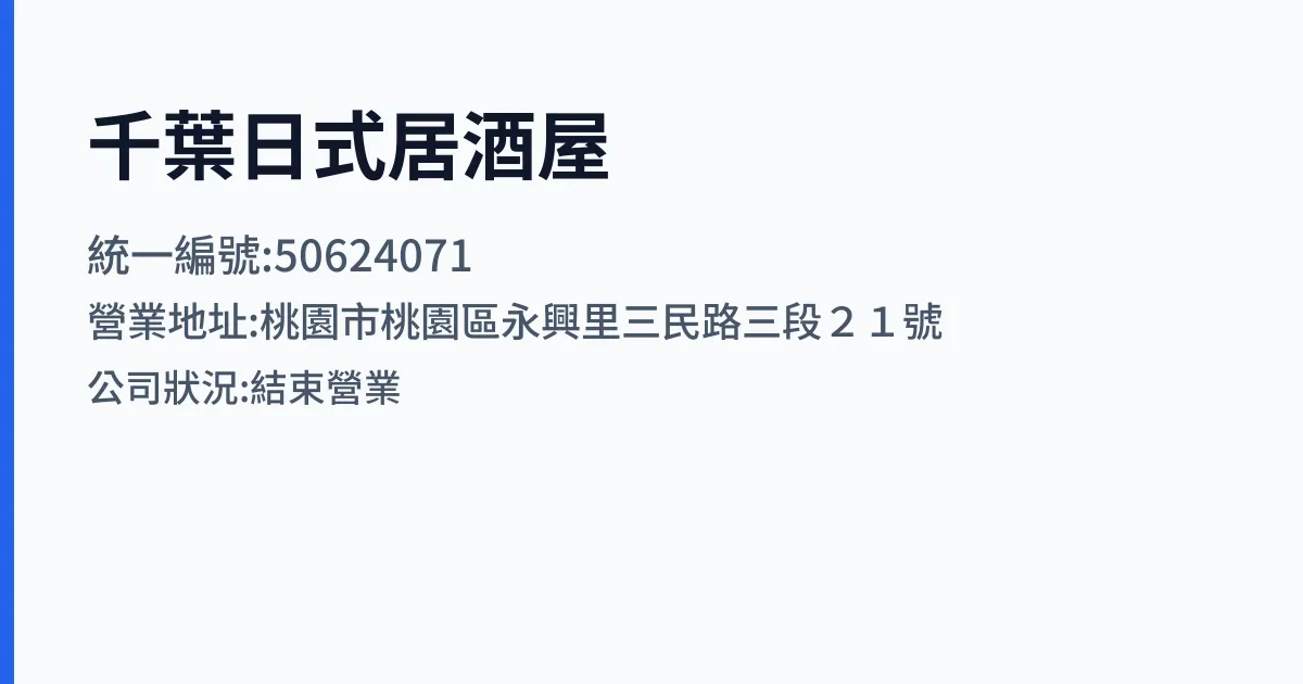 千葉日式居酒屋 - 統編 50624071(桃園市) 公司登記資料與營業項目詳細圖表