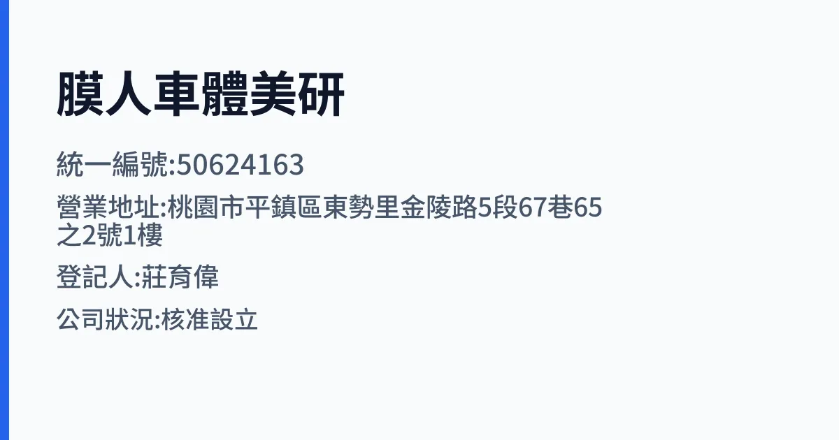 膜人車體美研 - 統編 50624163(桃園市) 公司登記資料與營業項目詳細圖表