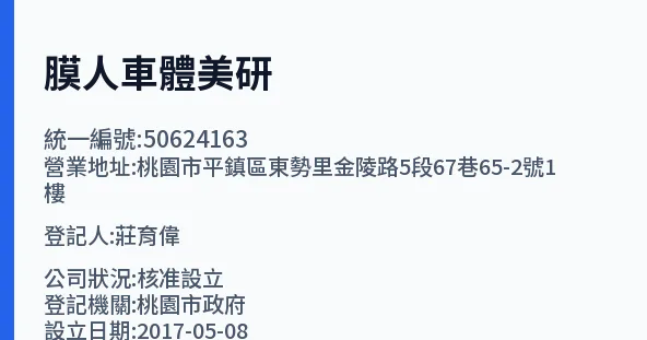 膜人車體美研的照片-統編 50624163(桃園市) 公司登記資料與營業項目詳細圖表
