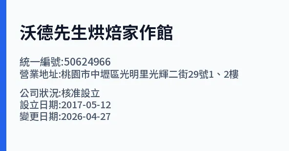 沃德先生烘焙家作館的照片-統編 50624966(桃園市) 公司登記資料與營業項目詳細圖表