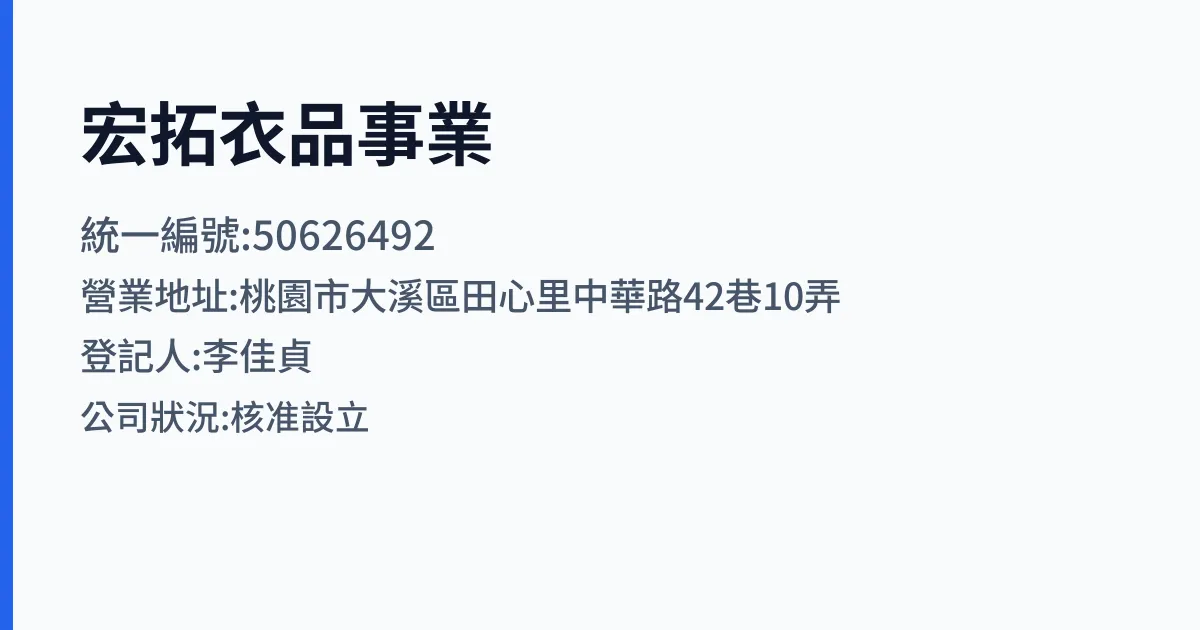宏拓衣品事業 - 統編 50626492(桃園市) 公司登記資料與營業項目詳細圖表