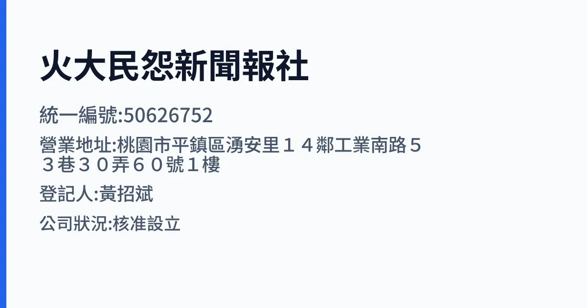 火大民怨新聞報社 - 統編 50626752(桃園市) 公司登記資料與營業項目詳細圖表