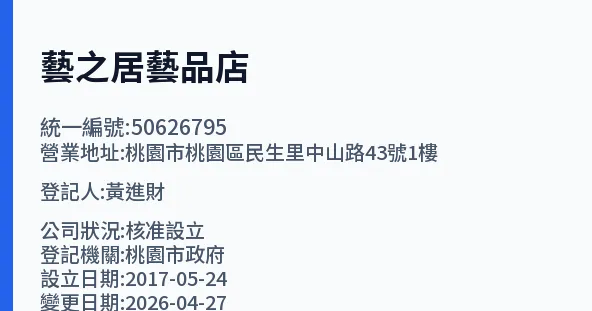 藝之居藝品店的照片-統編 50626795(桃園市) 公司登記資料與營業項目詳細圖表