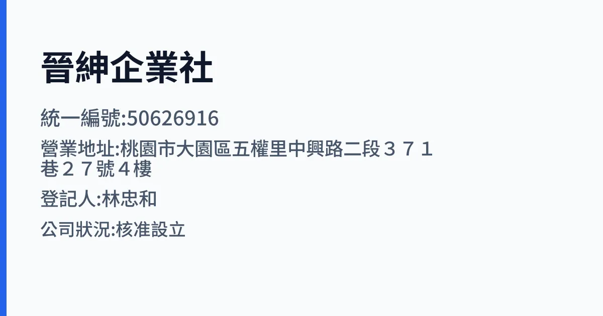晉紳企業社 - 統編 50626916(桃園市) 公司登記資料與營業項目詳細圖表