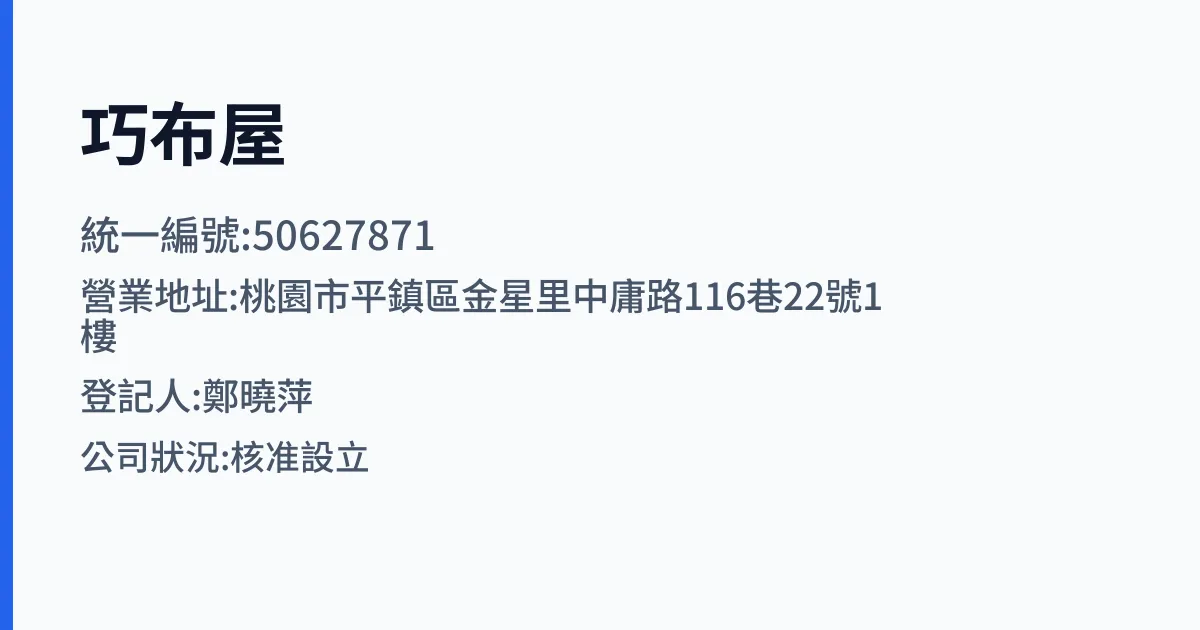 巧布屋 - 統編 50627871(桃園市) 公司登記資料與營業項目詳細圖表