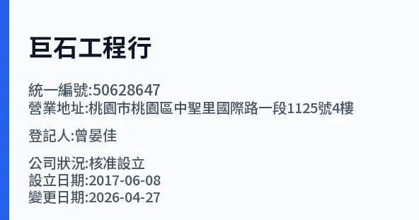 巨石工程行的照片-統編 50628647(桃園市) 公司登記資料與營業項目詳細圖表