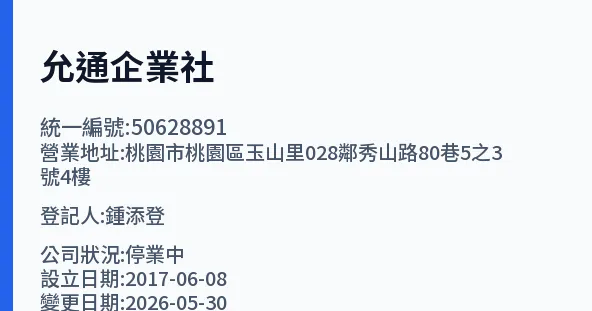 允通企業社的照片-統編 50628891(桃園市) 公司登記資料與營業項目詳細圖表