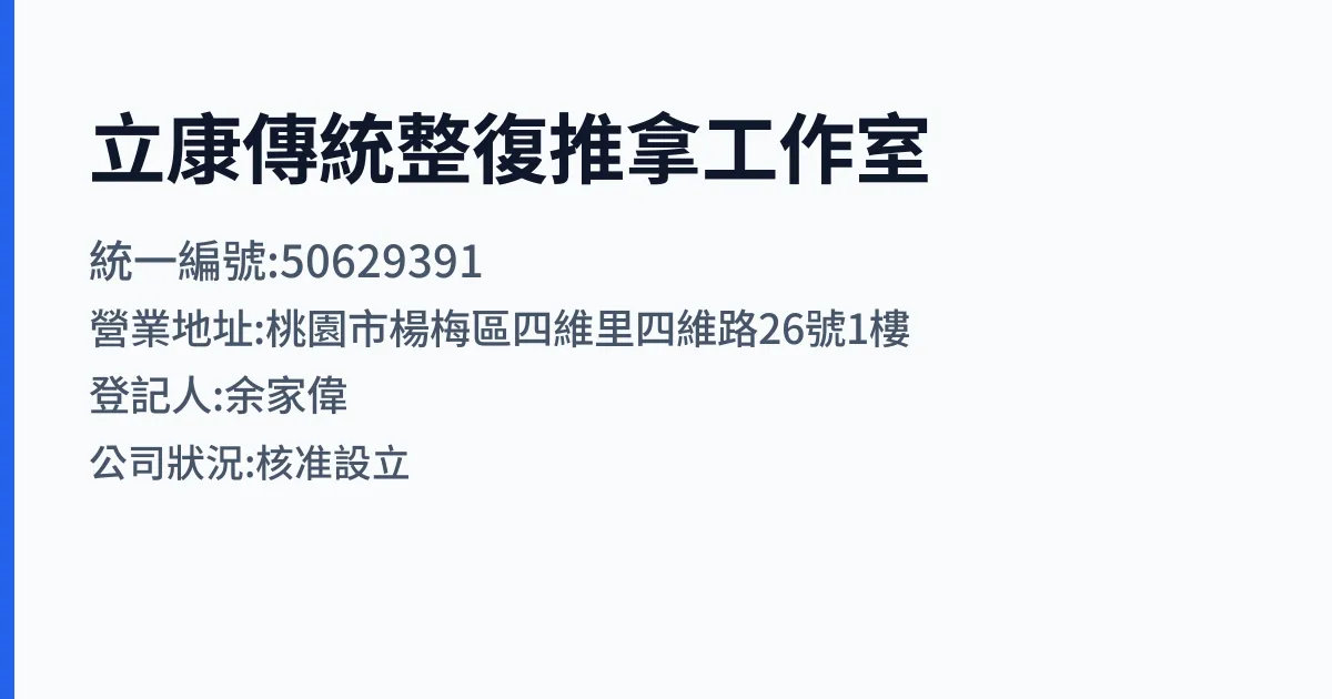 立康傳統整復推拿工作室 - 統編 50629391(桃園市) 公司登記資料與營業項目詳細圖表