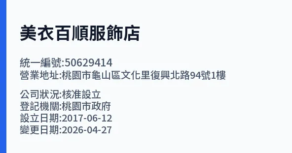 美衣百順服飾店的照片-統編 50629414(桃園市) 公司登記資料與營業項目詳細圖表