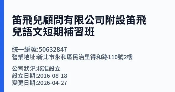 笛飛兒顧問有限公司附設笛飛兒語文短期補習班的照片-統編 50632847(新北市) 公司登記資料與營業項目詳細圖表