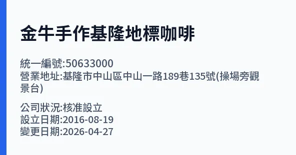 金牛手作基隆地標咖啡的照片-統編 50633000(基隆市) 公司登記資料與營業項目詳細圖表