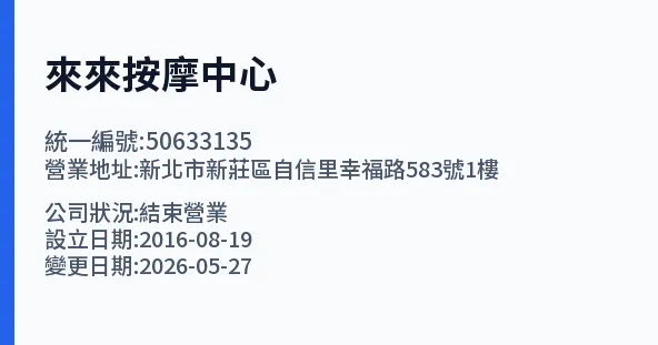 來來按摩中心的照片-統編 50633135(新北市) 公司登記資料與營業項目詳細圖表