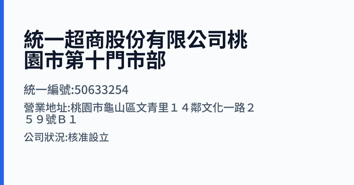 統一超商股份有限公司桃園市第十門市部 - 統編 50633254(桃園市) 公司登記資料與營業項目詳細圖表