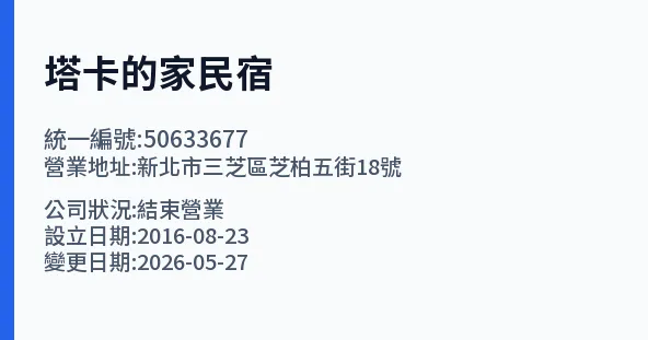 塔卡的家民宿的照片-統編 50633677(新北市) 公司登記資料與營業項目詳細圖表