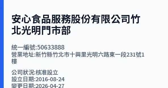 安心食品服務股份有限公司竹北光明門市部的照片-統編 50633888(新竹縣) 公司登記資料與營業項目詳細圖表