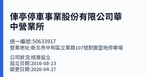 俥亭停車事業股份有限公司華中營業所的照片-統編 50633917(新北市) 公司登記資料與營業項目詳細圖表