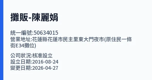 攤販-陳麗娟的照片-統編 50634015(花蓮縣) 公司登記資料與營業項目詳細圖表