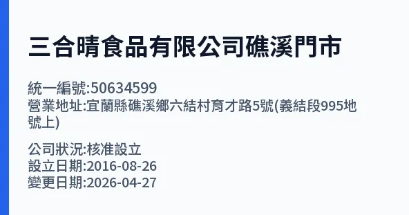 三合晴食品有限公司礁溪門市的照片-統編 50634599(宜蘭縣) 公司登記資料與營業項目詳細圖表
