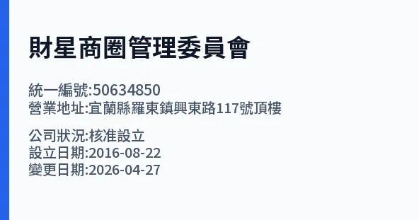 財星商圈管理委員會的照片-統編 50634850(宜蘭縣) 公司登記資料與營業項目詳細圖表