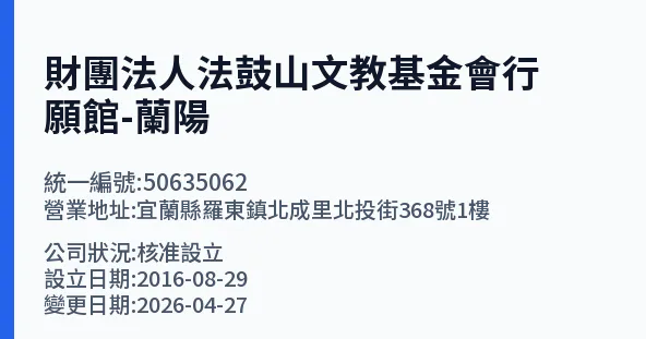 財團法人法鼓山文教基金會行願館-蘭陽的照片-統編 50635062(宜蘭縣) 公司登記資料與營業項目詳細圖表