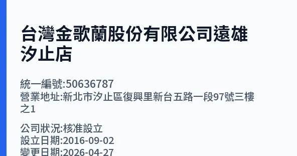 台灣金歌蘭股份有限公司遠雄汐止店的照片-統編 50636787(新北市) 公司登記資料與營業項目詳細圖表