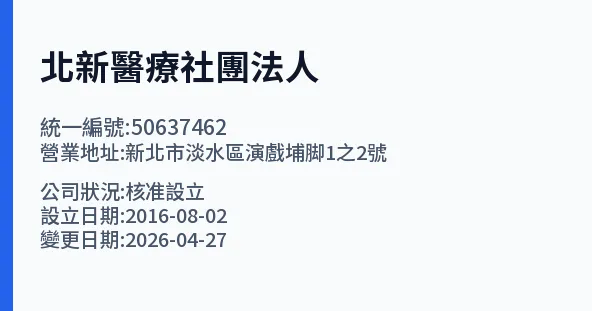 北新醫療社團法人的照片-統編 50637462(新北市) 公司登記資料與營業項目詳細圖表