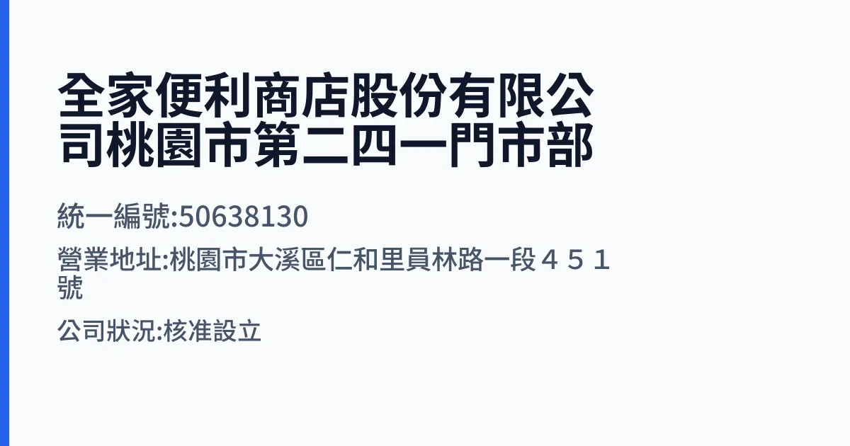 全家便利商店股份有限公司桃園市第二四一門市部 - 統編 50638130(桃園市) 公司登記資料與營業項目詳細圖表