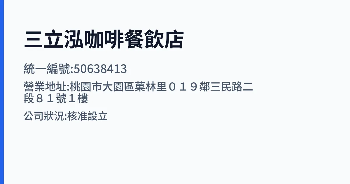 三立泓咖啡餐飲店 - 統編 50638413(桃園市) 公司登記資料與營業項目詳細圖表