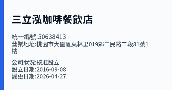 三立泓咖啡餐飲店的照片-統編 50638413(桃園市) 公司登記資料與營業項目詳細圖表