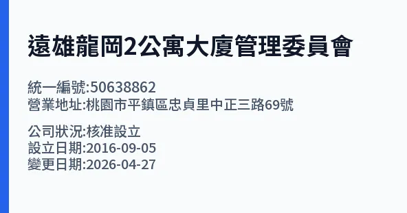遠雄龍岡2公寓大廈管理委員會的照片-統編 50638862(桃園市) 公司登記資料與營業項目詳細圖表