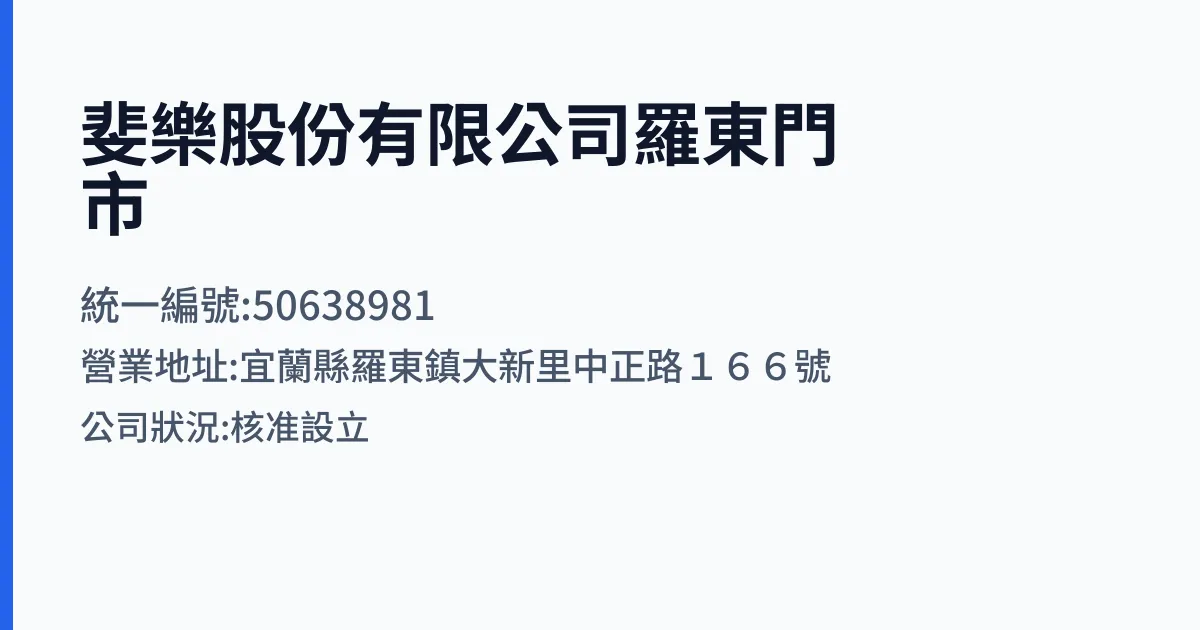 斐樂股份有限公司羅東門市 - 統編 50638981(宜蘭縣) 公司登記資料與營業項目詳細圖表