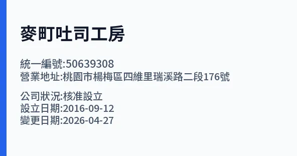 麥町吐司工房的照片-統編 50639308(桃園市) 公司登記資料與營業項目詳細圖表