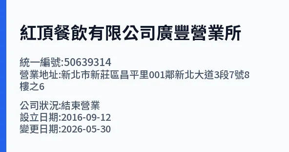 紅頂餐飲有限公司廣豐營業所的照片-統編 50639314(新北市) 公司登記資料與營業項目詳細圖表