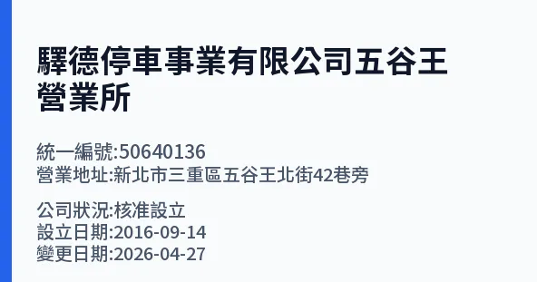 驛德停車事業有限公司五谷王營業所的照片-統編 50640136(新北市) 公司登記資料與營業項目詳細圖表