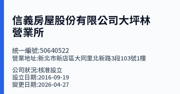 信義房屋股份有限公司大坪林營業所的照片-統編 50640522(新北市) 公司登記資料與營業項目詳細圖表