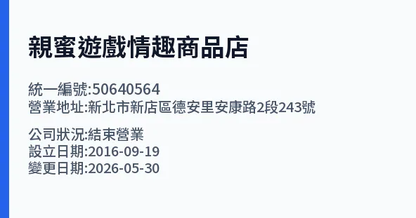 親蜜遊戲情趣商品店的照片-統編 50640564(新北市) 公司登記資料與營業項目詳細圖表